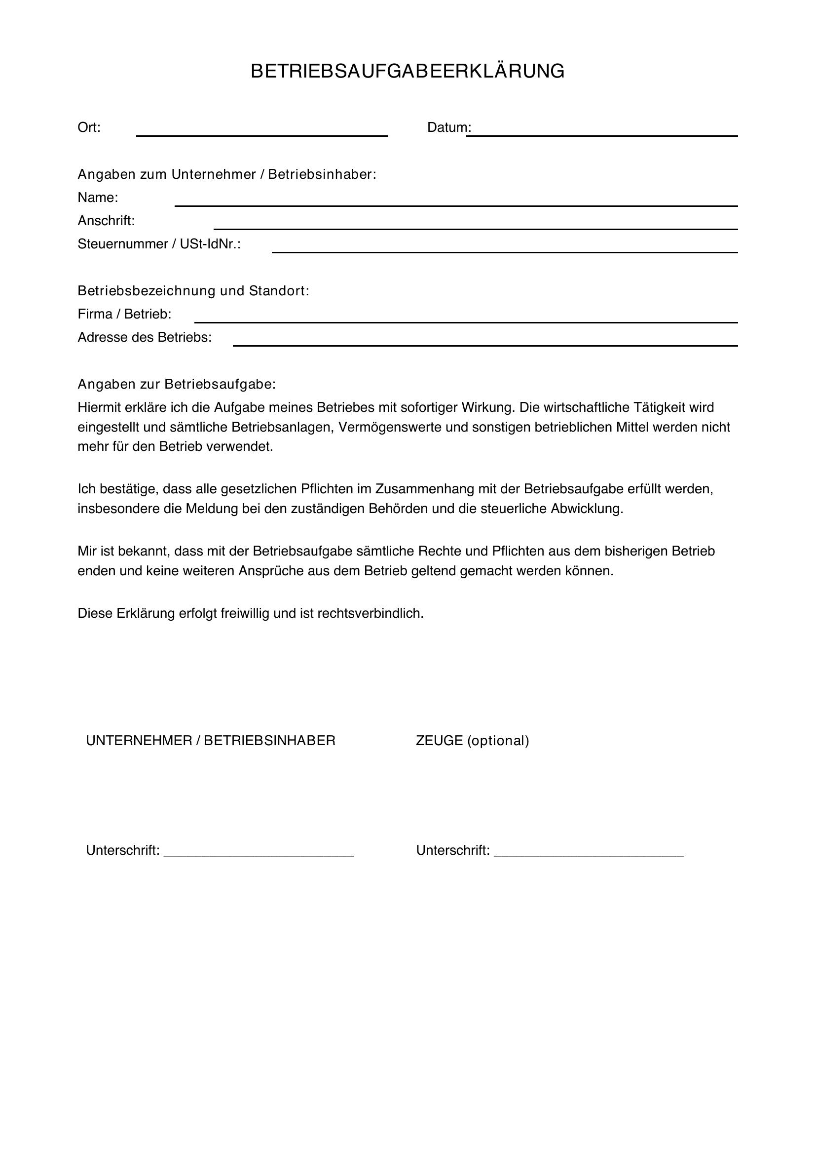 Betriebsaufgabe Erklären Muster